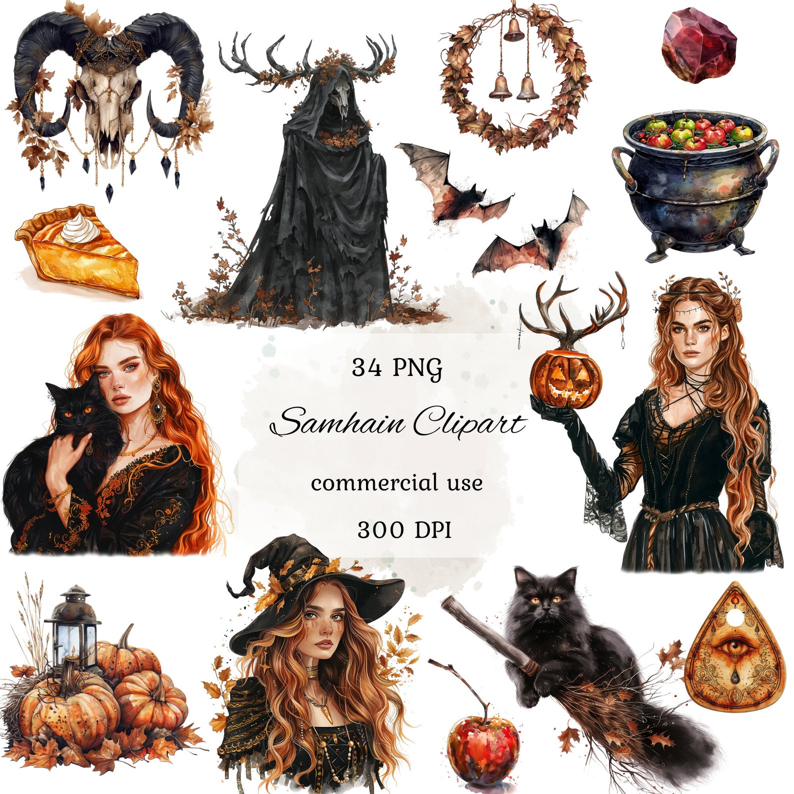 Samhain Watercolor Clipart Png Bundle, Celtic Neopagan Wiccan Clipart ...