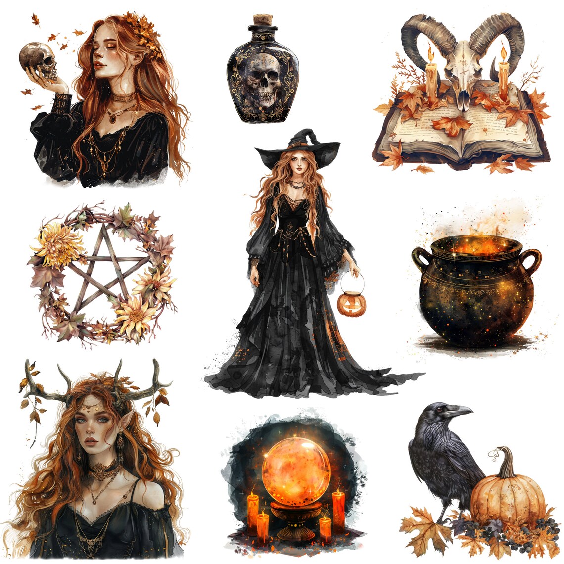 Samhain Watercolor Clipart Png Bundle, Celtic Neopagan Wiccan Clipart ...