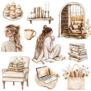 Cozy Autumn Reading Clipart Png Bundle, Watercolor Neutral Illustration ...
