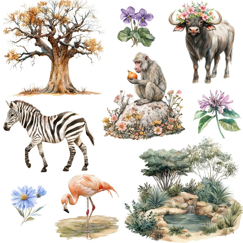 Watercolor Safari Animals Clipart Png Bundle, African Savanna, Safari ...