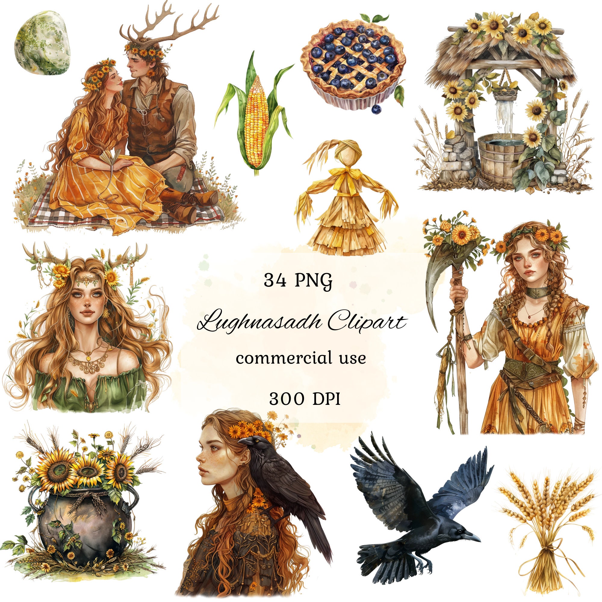 Lughnasadh Watercolor Clipart Png Bundle, Lammas, Witch Clipart, Ai ...