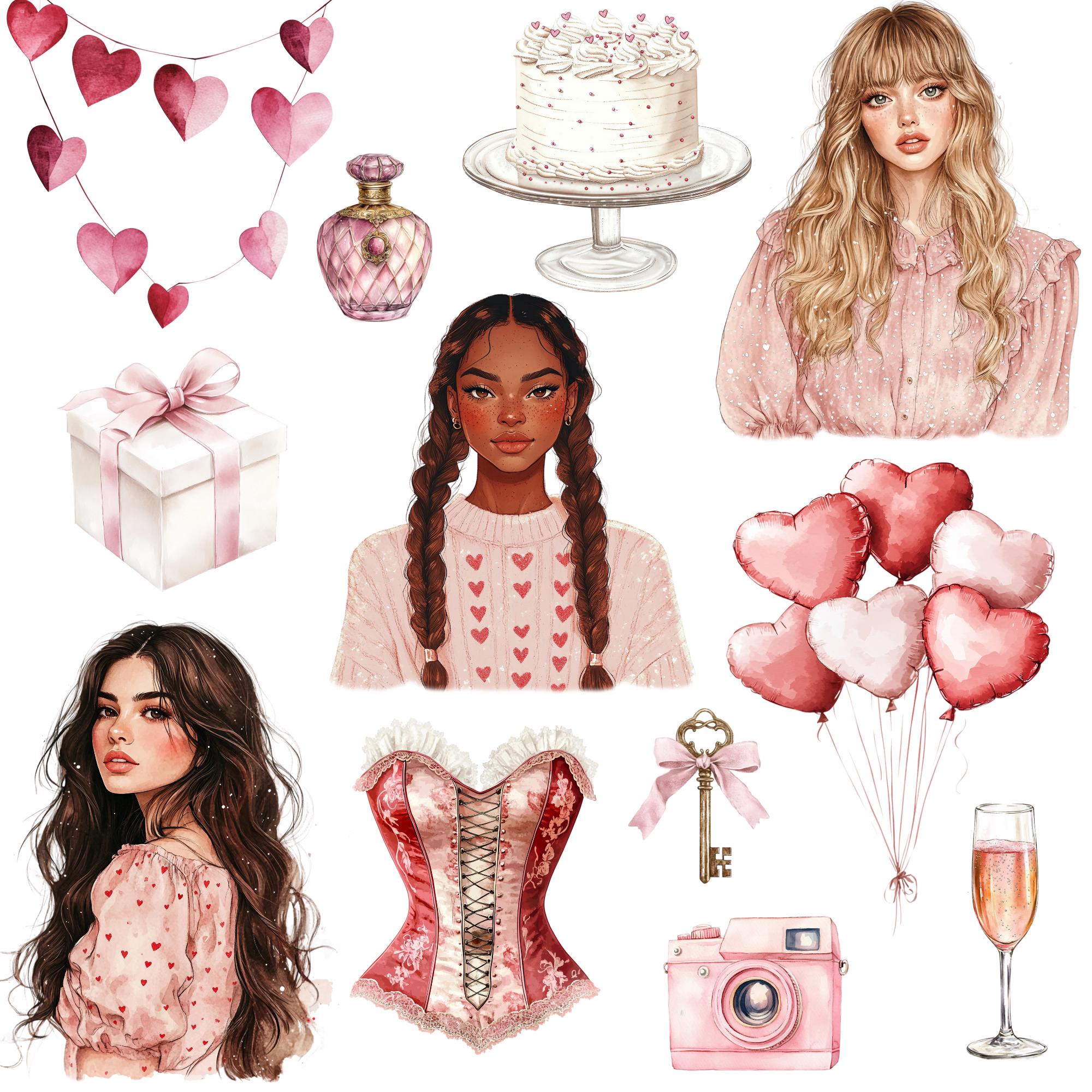 Watercolor Valentines Day Clipart Png Bundle, Love Clipart, Pink ...