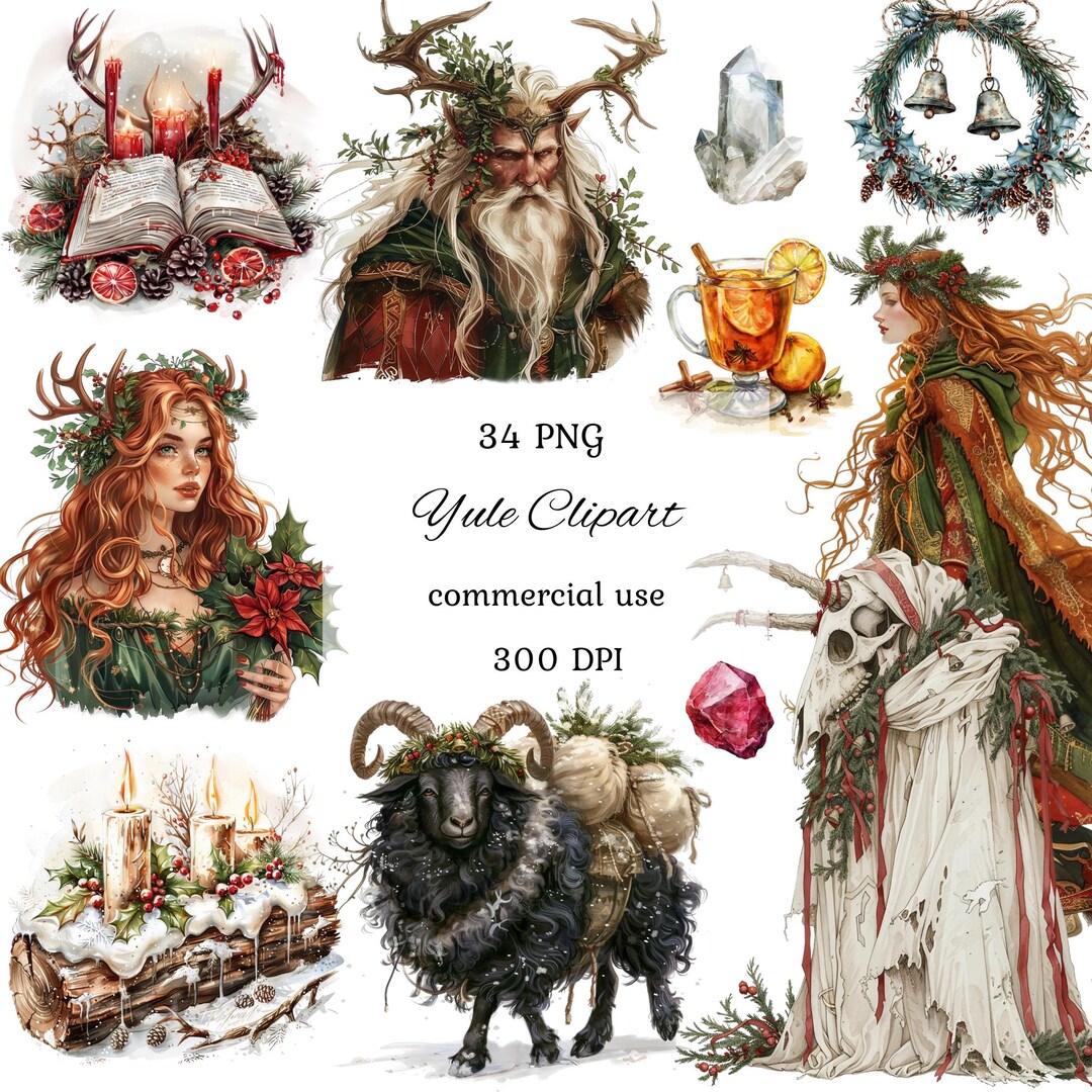 Yule Watercolor Clipart Png Bundle, Celtic Neopagan Wican Clipart ...