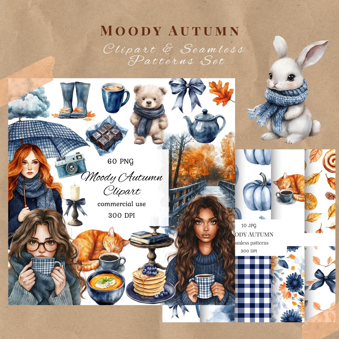 Watercolor Moody Autumn Set, Rainy Days Clipart Png Bundle, Pumpkin ...