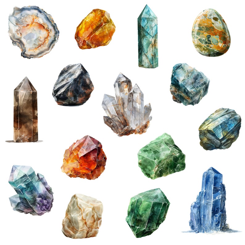 Crystal Gemstones Watercolor Clipart Png Bundle, Crystals Clipart, Crystals Printable, Crystal ...