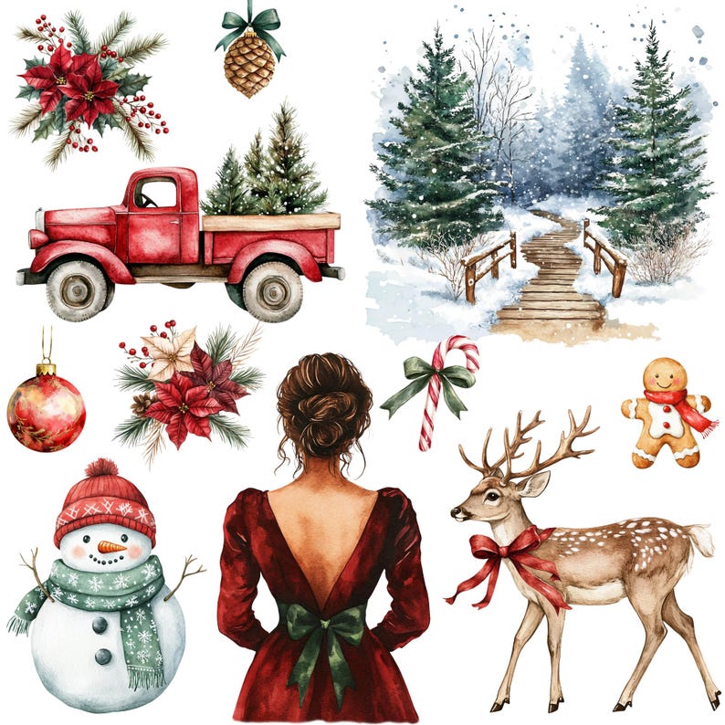 Watercolor Classic Christmas Clipart Png Bundle, Rustic Christmas Gift ...