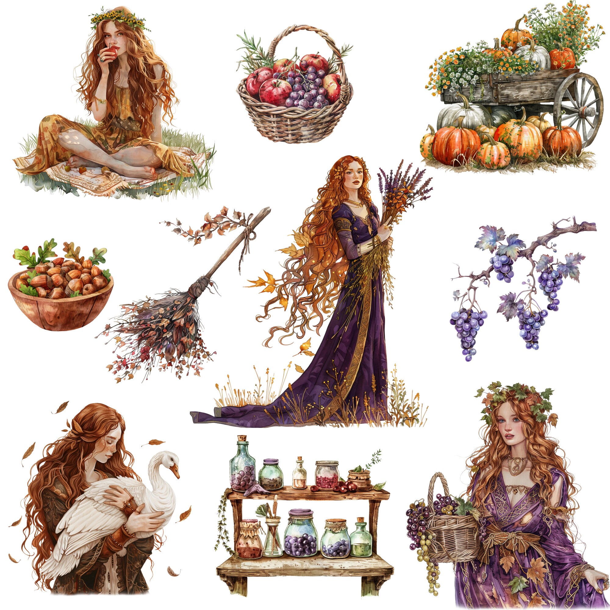 Mabon Watercolor Clipart Png Bundle, Witch Clipart, Celtic Neopagan ...