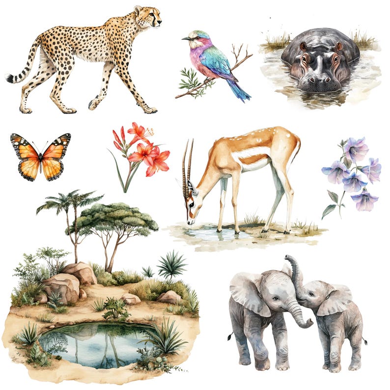 Watercolor Safari Animals Clipart Png Bundle, African Savanna, Safari ...