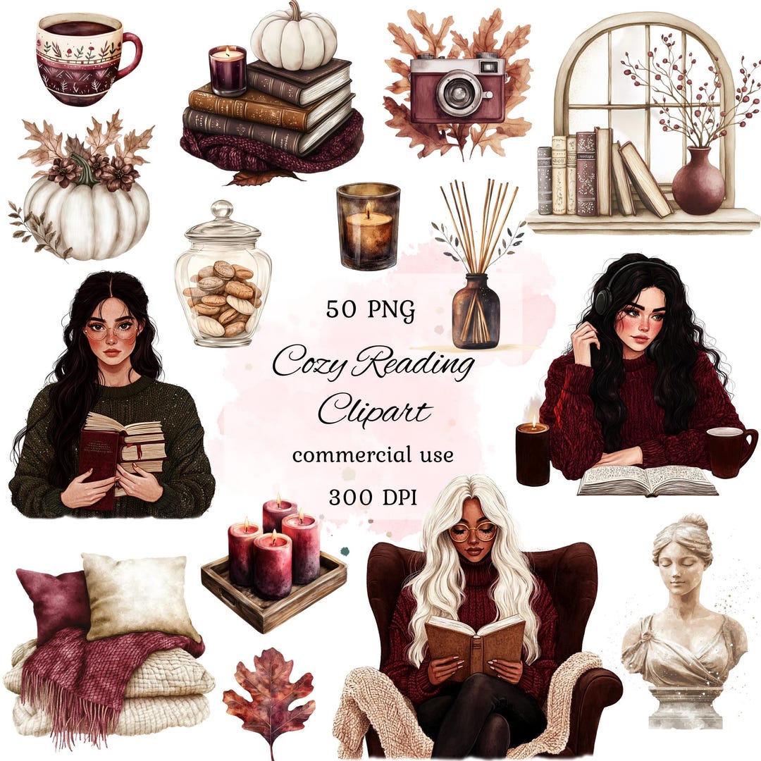 Cozy Reading Clipart Png Bundle, Bookworm, Book Lover Clipart ...