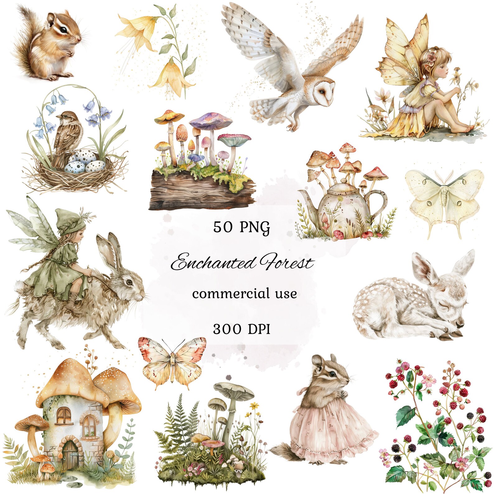 Enchanted Forest Watercolor Clipart Png Bundle, Mystical Clipart, Fairy ...