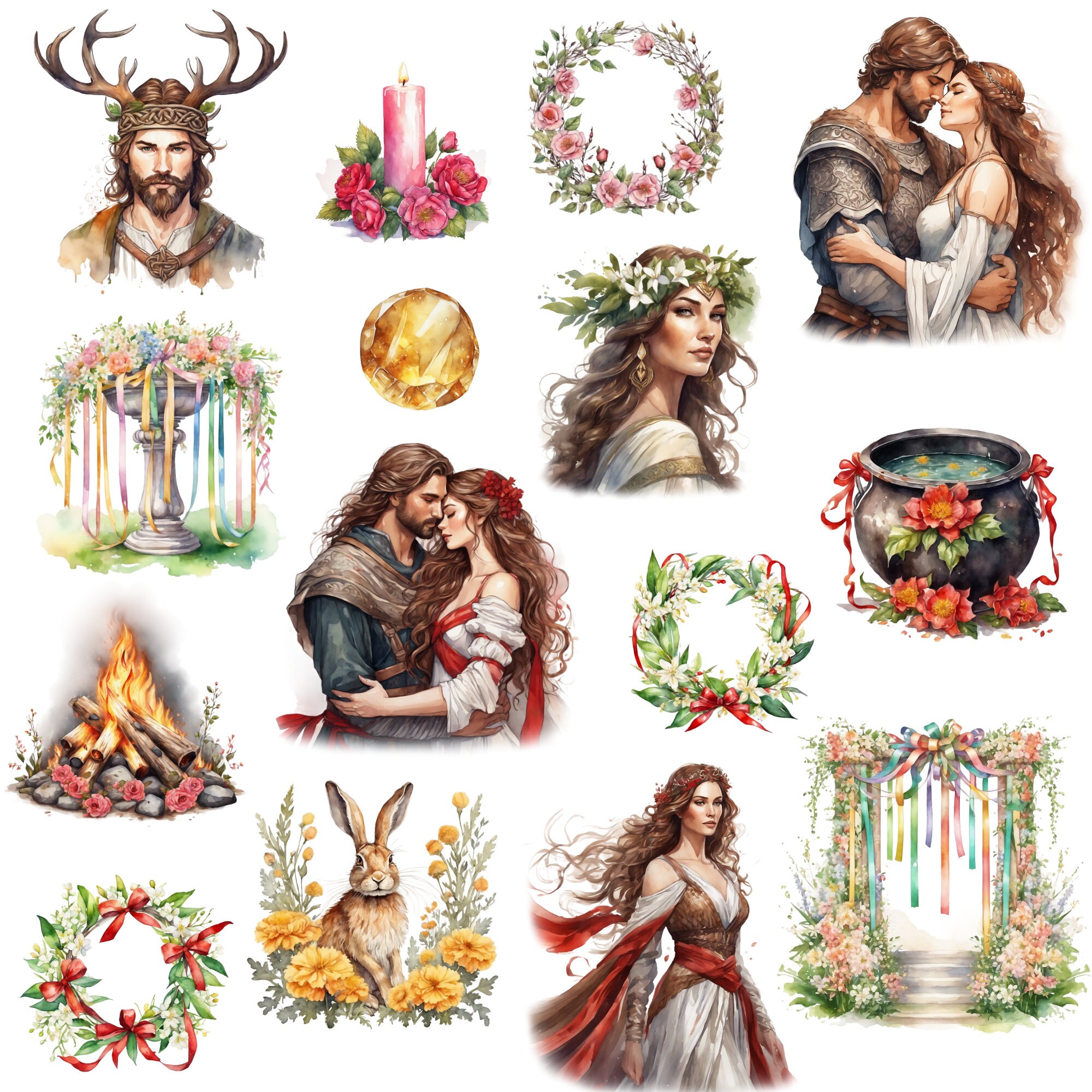 Watercolor Beltane Clipart Bundle, Celtic Neopagan Wiccan Clipart, Ai ...