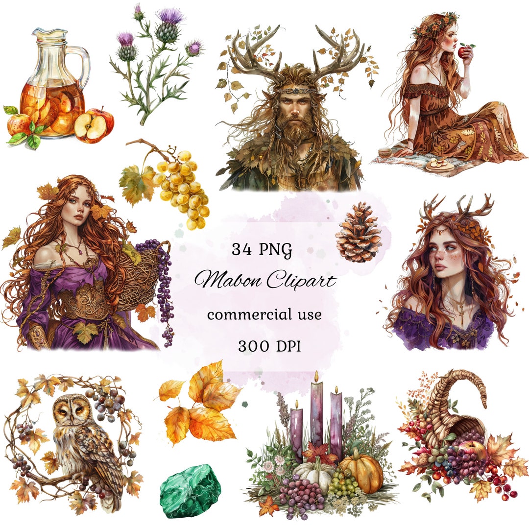 Mabon Watercolor Clipart Png Bundle, Witch Clipart, Celtic Neopagan ...