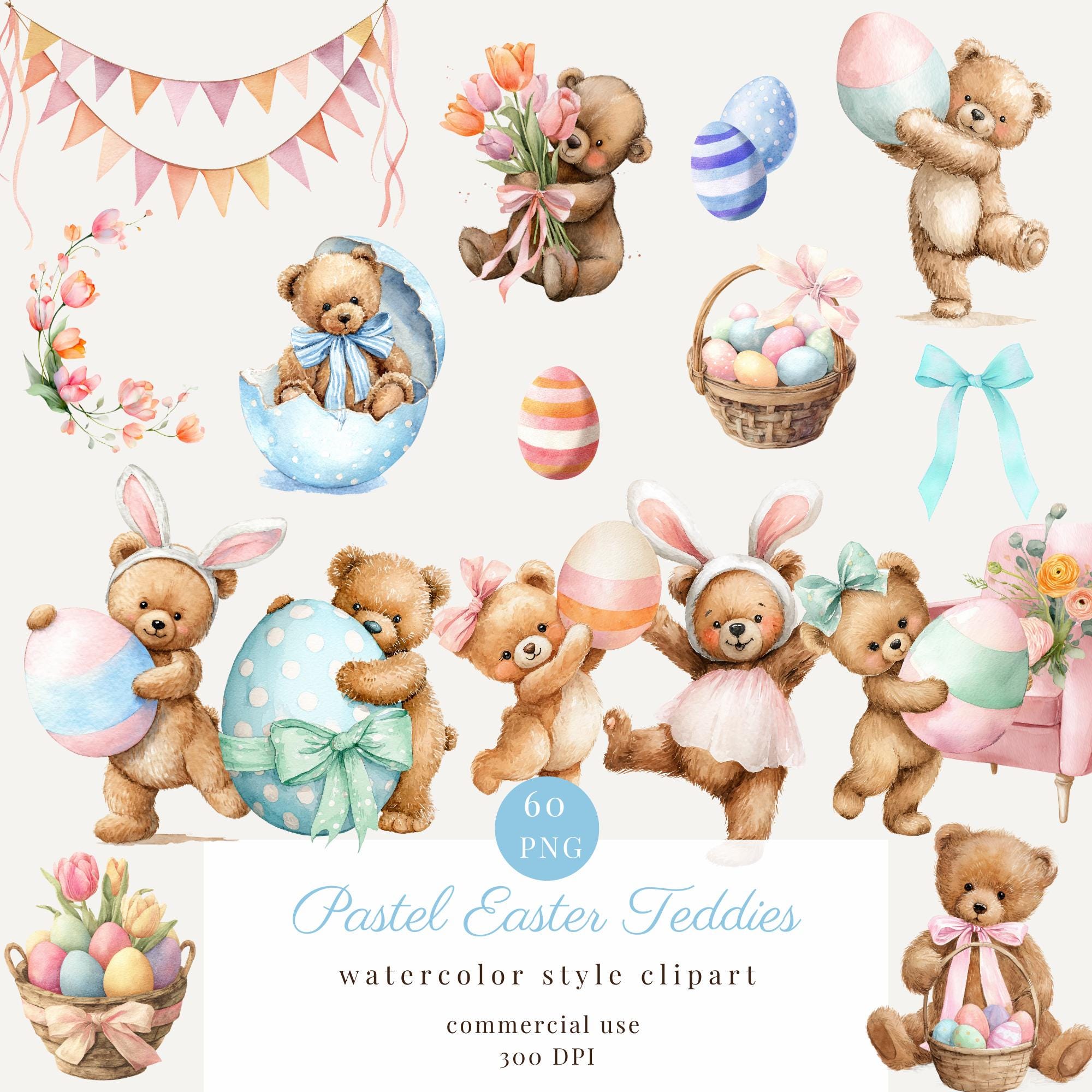 Watercolor Easter Teddy Bear Clipart Png Bundle, Easter Egg, Nursery ...
