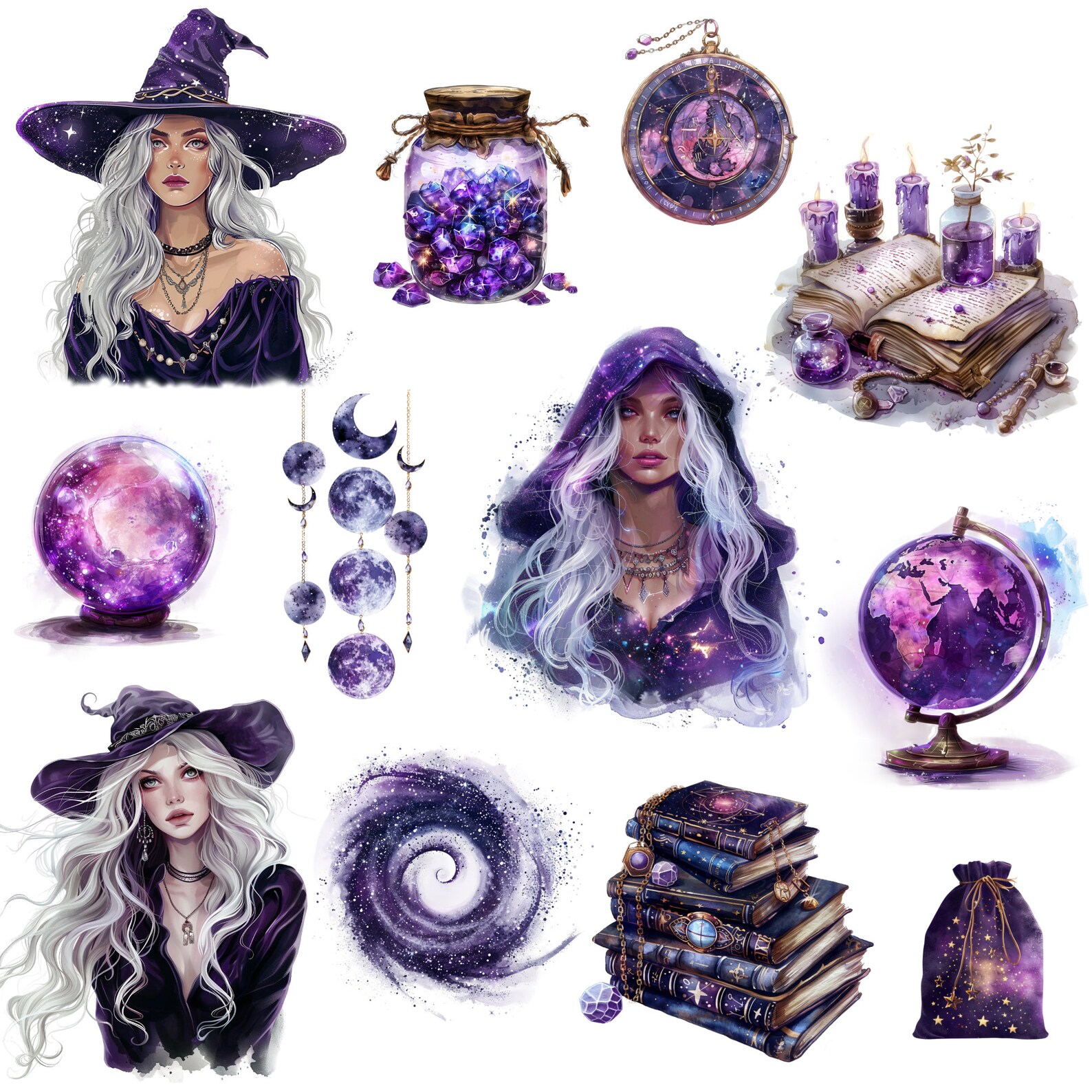 Cosmic Witch Watercolor Clipart Png Bundle, Witchy Clipart, Witchcraft ...
