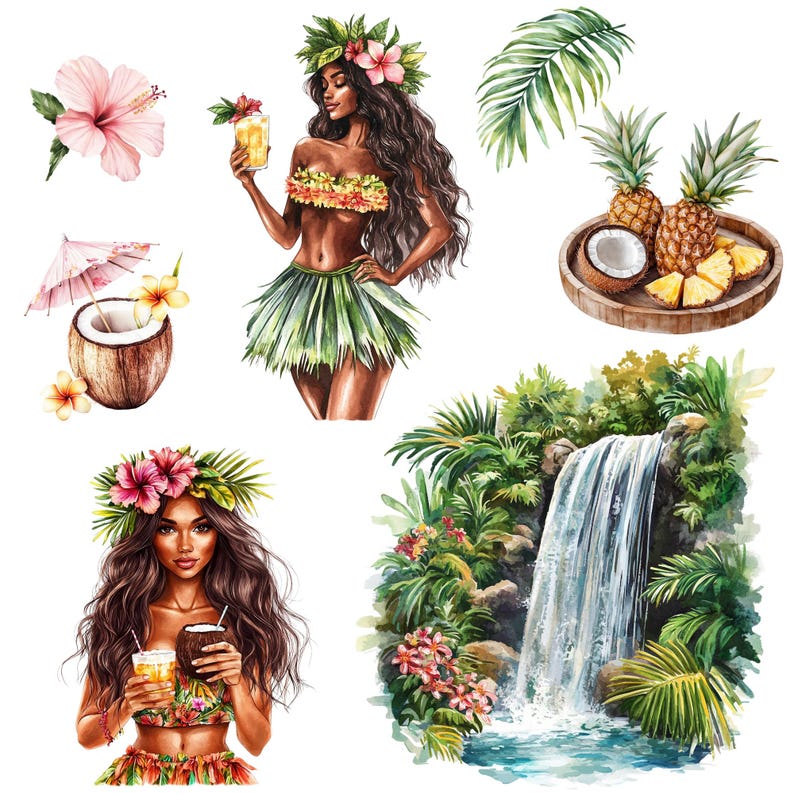 Watercolor Hawaiian Luau Clipart Png Bundle, Tiki Clipart, Summer ...