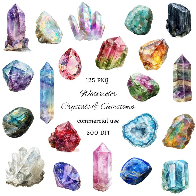 Crystal Gemstones Watercolor Clipart Png Bundle, Crystals Clipart, Crystals Printable, Crystal ...
