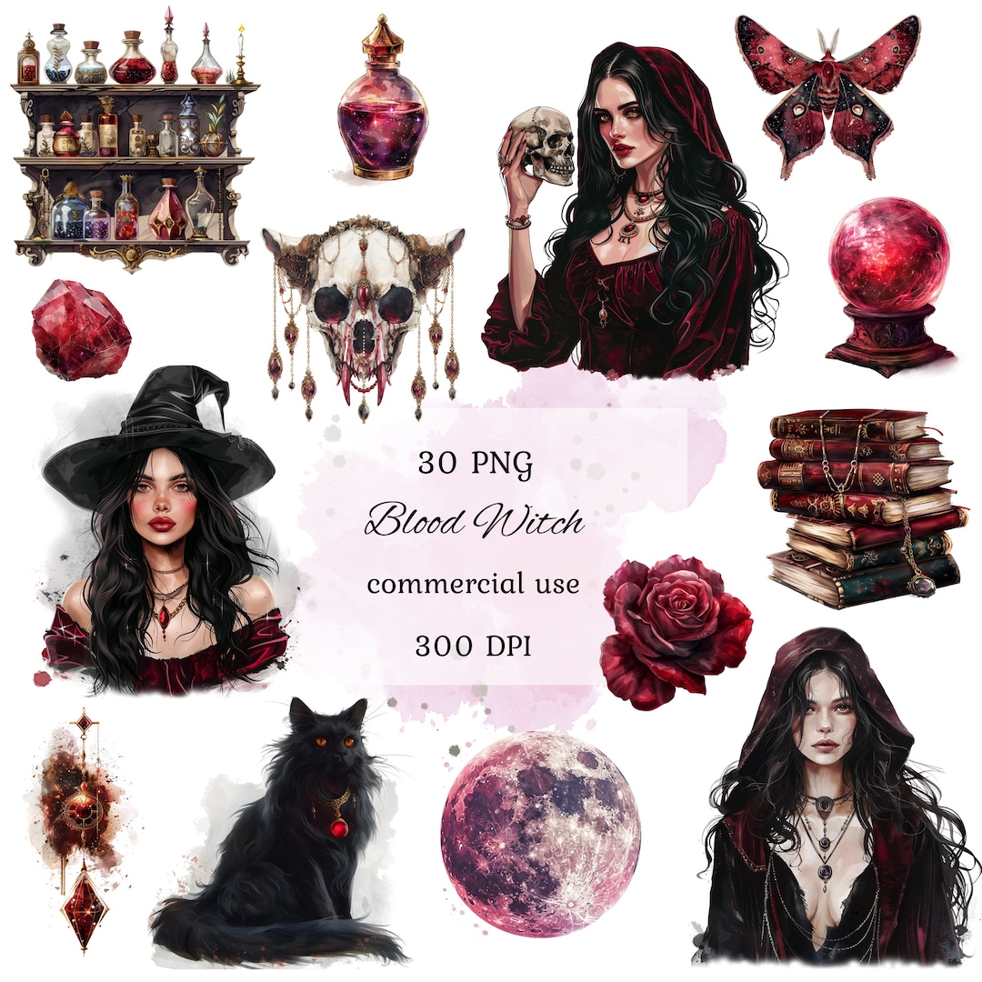 Blood Witch Watercolor Clipart Png Bundle, Witchcraft, Occult Png, Ai ...
