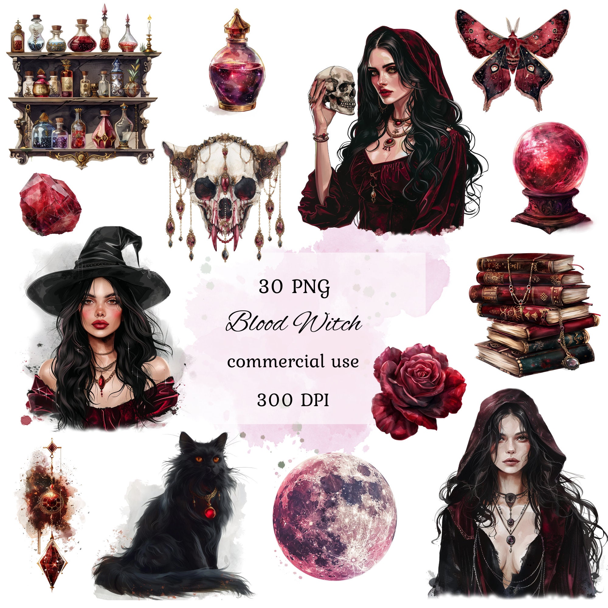 Blood Witch Watercolor Clipart Png Bundle, Witchcraft, Occult Png, Ai ...