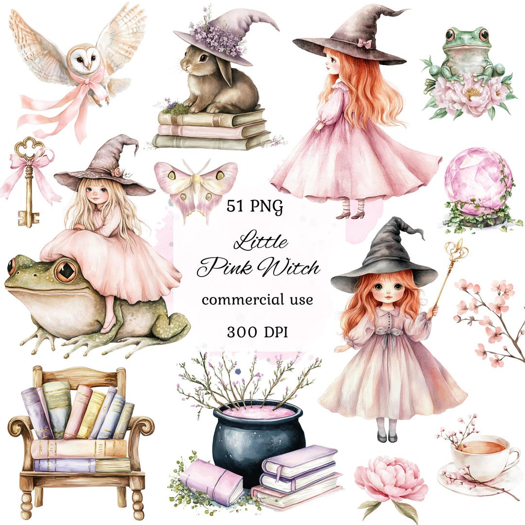 Watercolor Pink Witch Clipart Png Bundle, Cute Witch Clipart, Whimsical ...