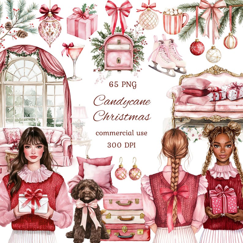Watercolor Candycane Christmas Clipart Png Bundle, Retro Pink Christmas ...