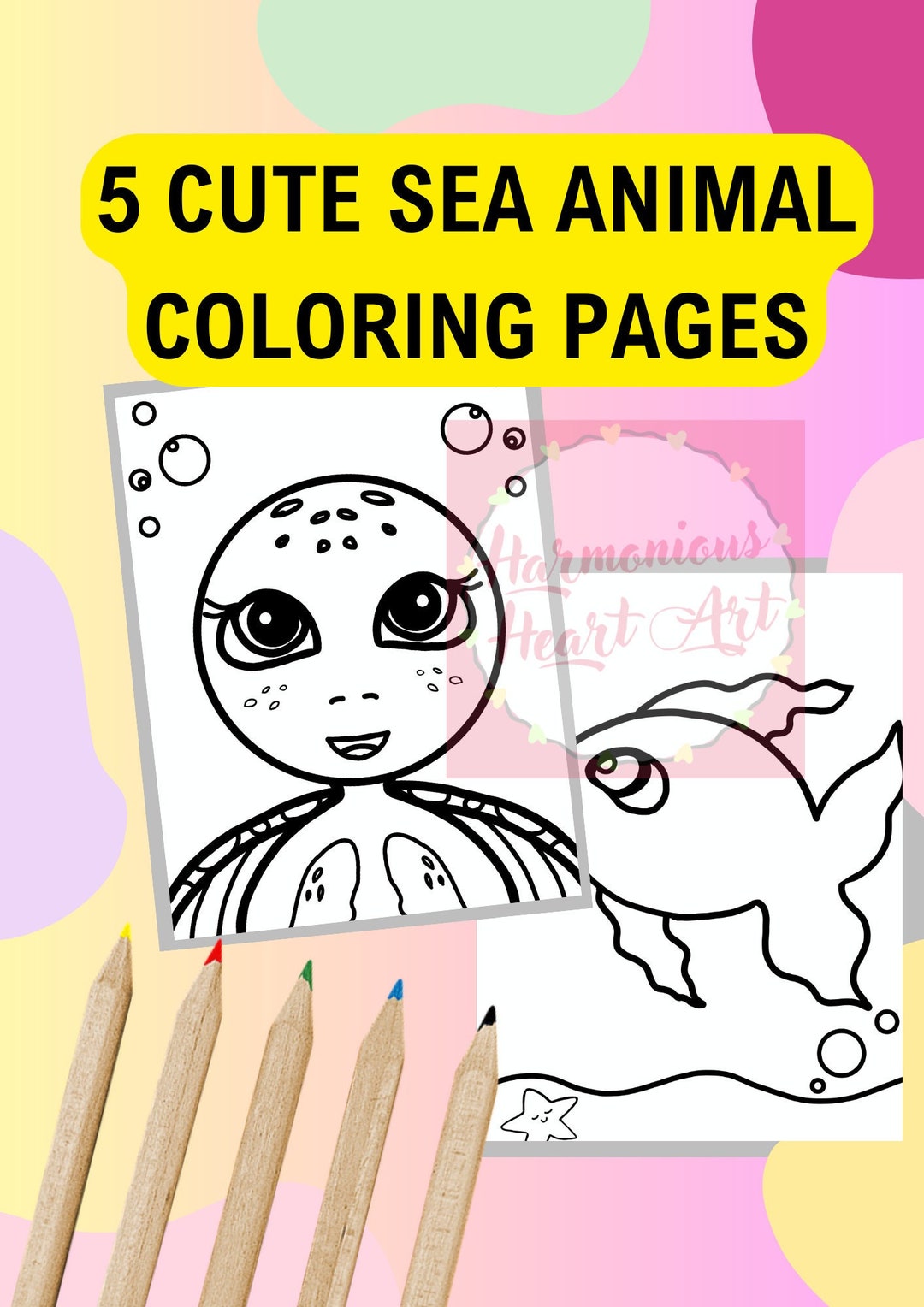 5 Cute Sea Animals Coloring Pages-turtle, Dolphin, Fish, Jellyfish and ...