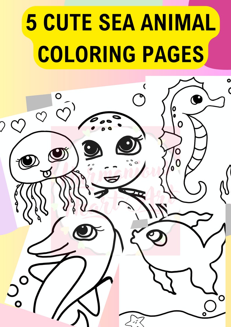 5 Cute Sea Animals Coloring Pages-turtle Dolphin Fish - Etsy