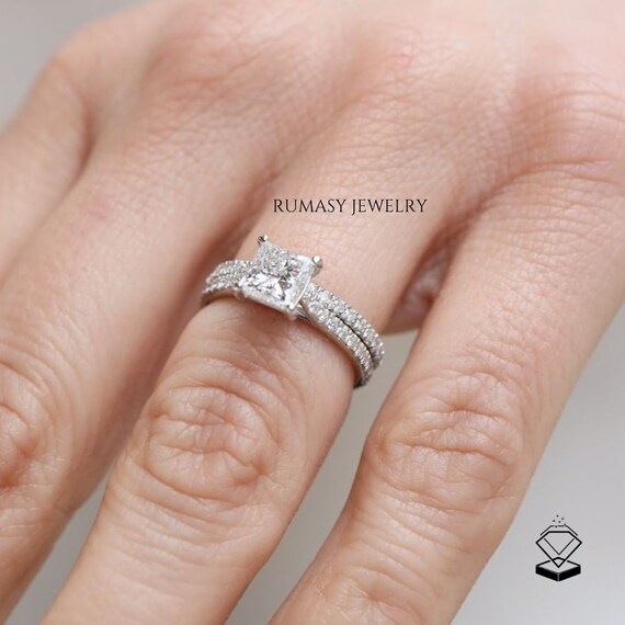 1.39 CT Princess Cut Center Lab Diamond Engagement Ring and Micro Set Diamond Wedding Band 14k Gold Princess Cut Wedding Set for Her Etsy