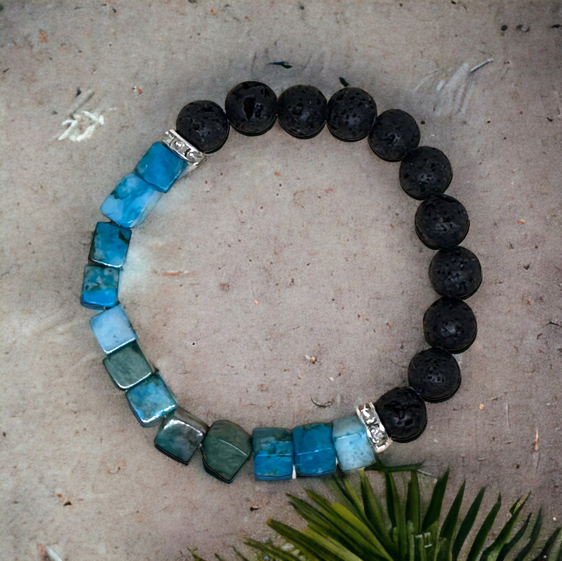 Square Blue Stone and Black Lava Bead Bracelet - Etsy