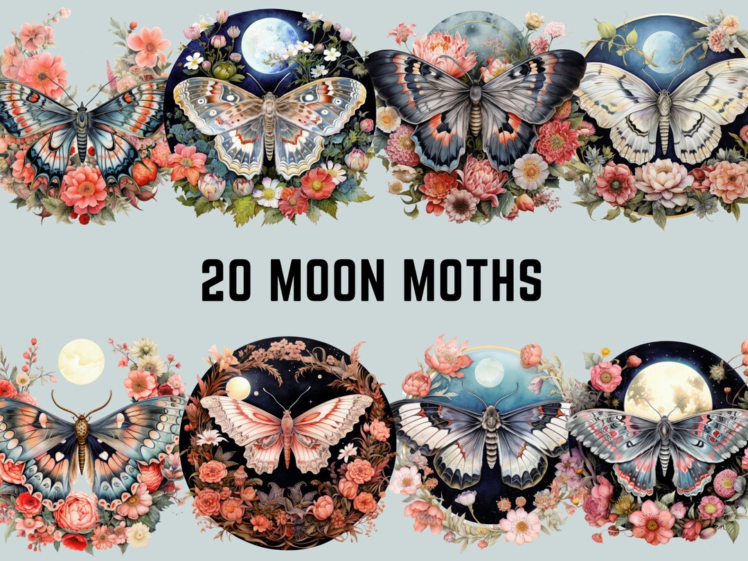 Watercolour Moon Moths, Moon PNG, Fantasy Moon, Fantasy Clipart, Watercolour Clipart, Celestial ...