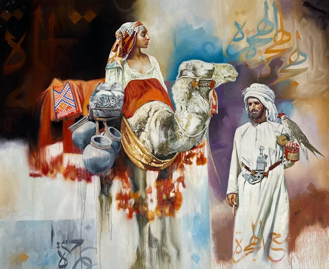 53 X 51 Arab Culture Orignal Oil Painting Art of Arab Girl on Camel Man ...