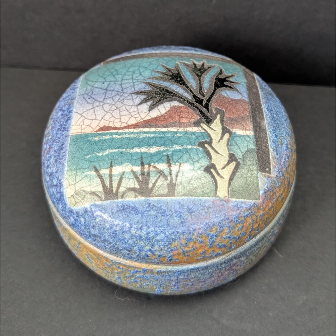 Vintage Ken Jensen Raku Pottery Trinket Box Palm Tree Ocean Design - Etsy
