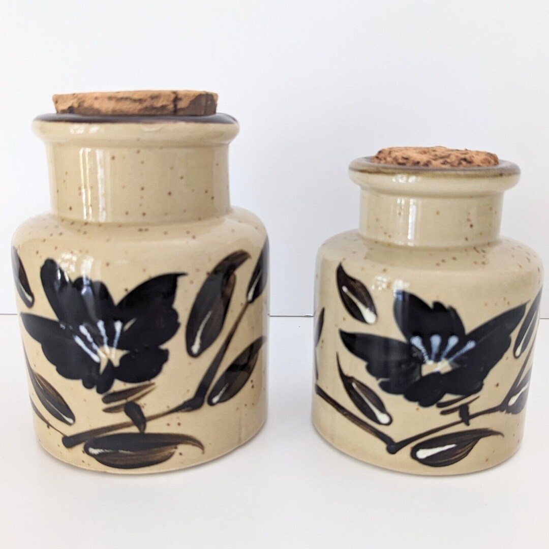 Set of 2 Vintage Japan Stoneware Hand Painted Jars With Cork Lids - Etsy