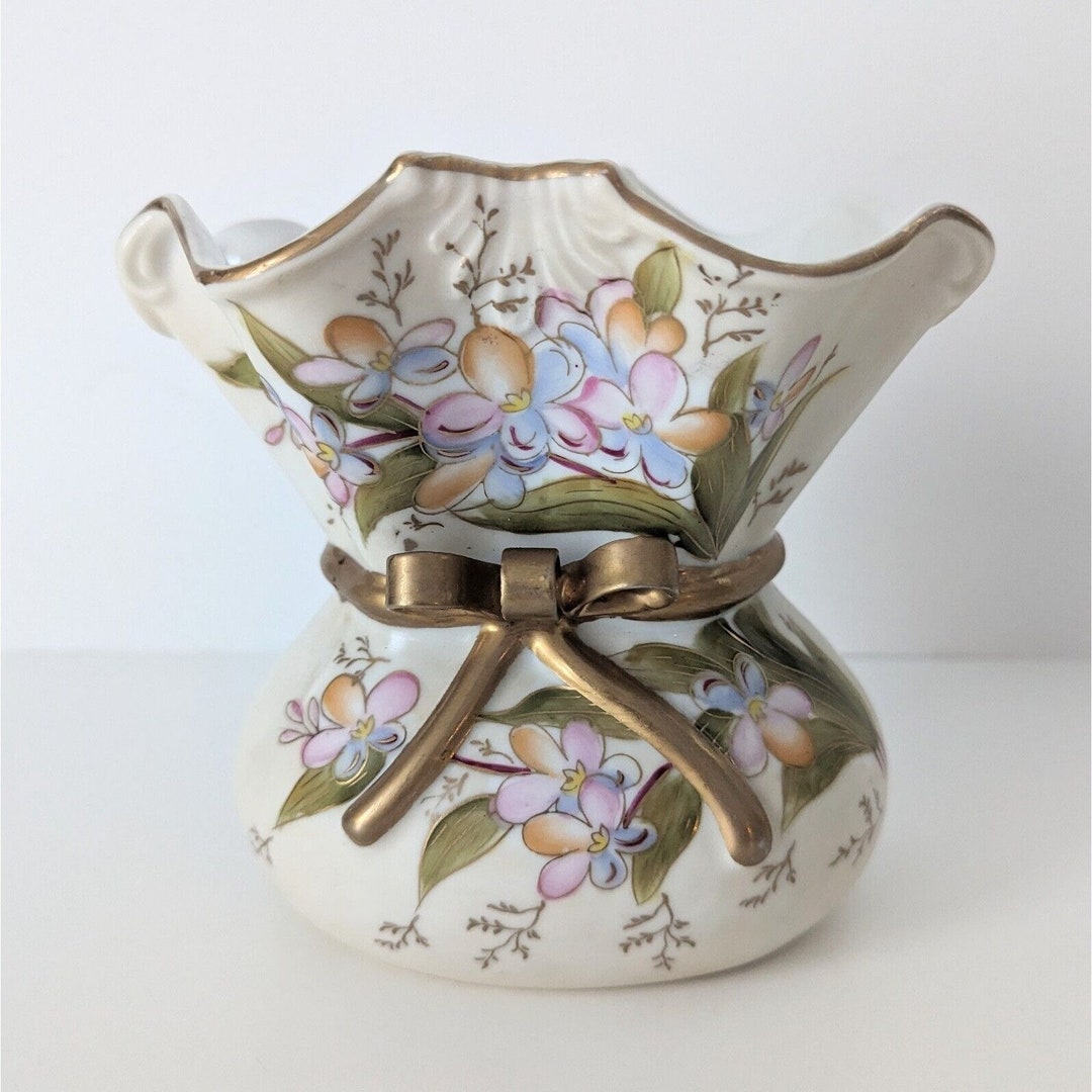 Vtg Ucagco Hand Painted Floral Vase With Gold Bow Grannycore ...