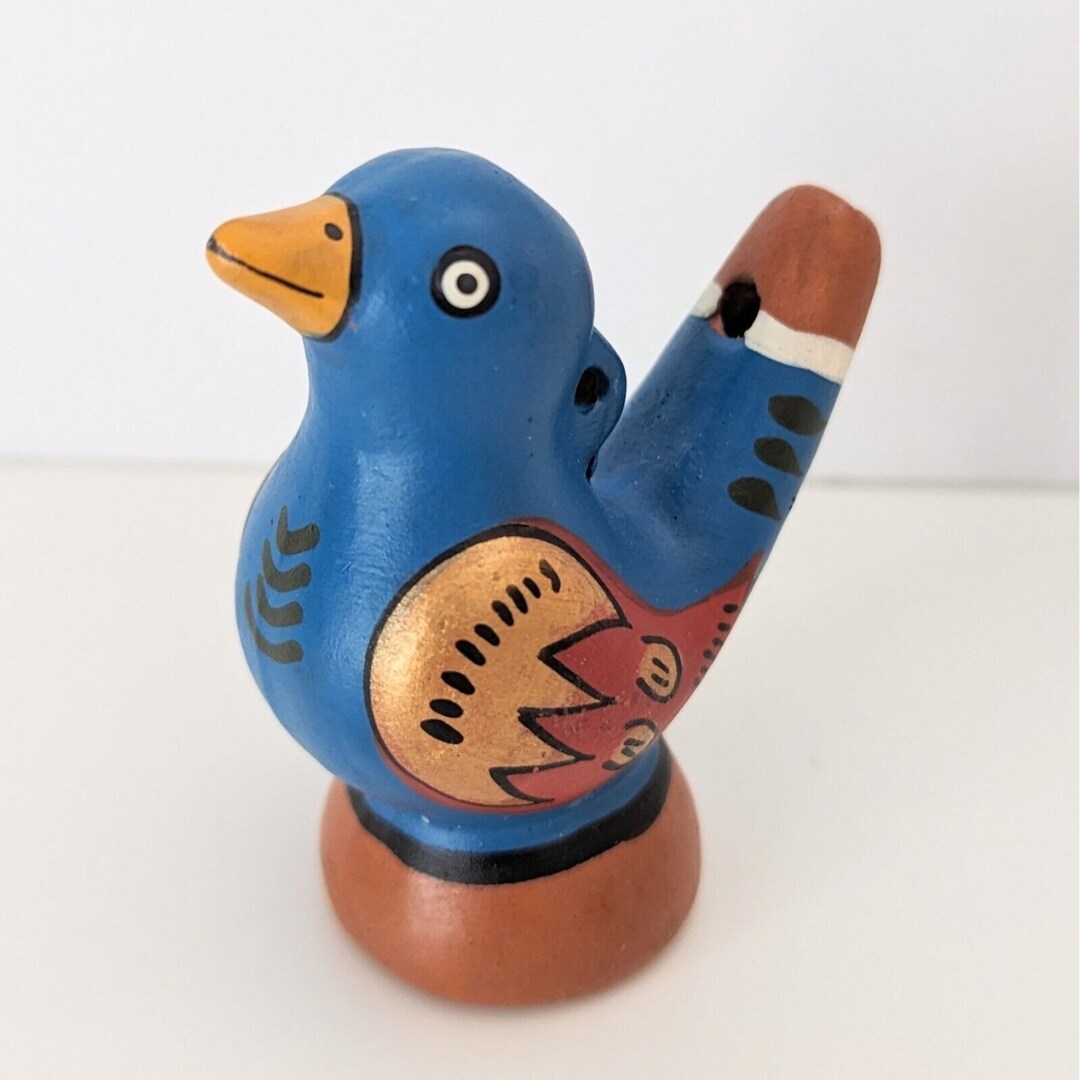 Hand Painted Pottery Whistle Flute Blue Bird Whistle Folk Art Pottery 2 ...