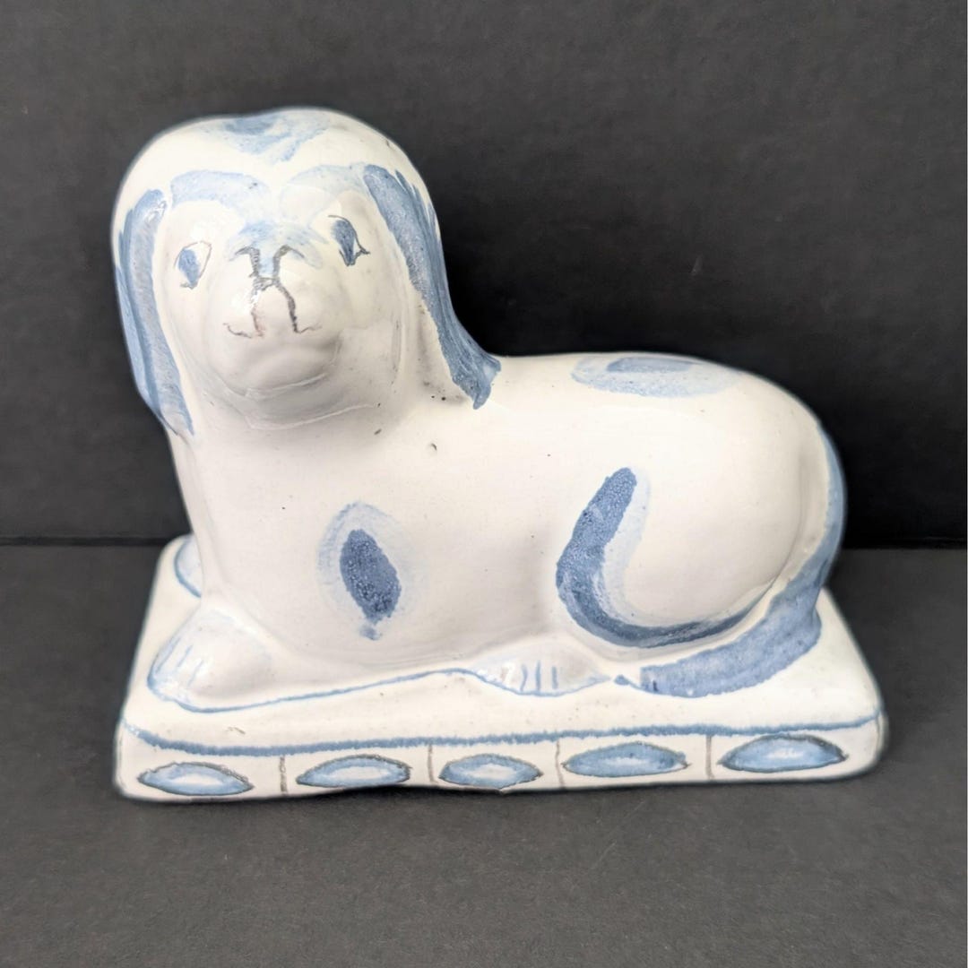 Hand Painted Blue and White Ceramic Dog on Pillow Figurine Made in ...