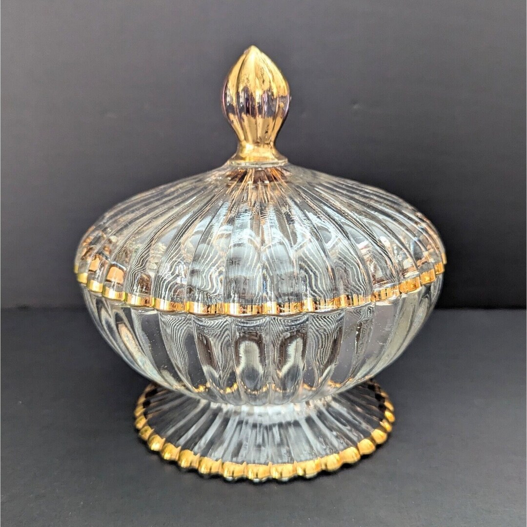 Vintage Mid Century Clear Lidded Footed Candy Dish Gold Trim Finial READ - Etsy