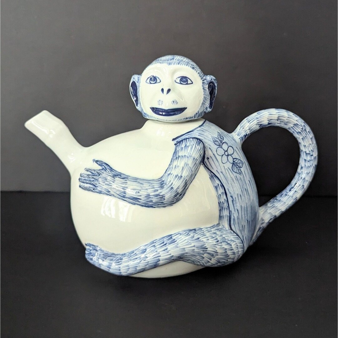 Vtg Blue and White Chinoiserie Monkey Teapot Grandmillenial Style Made ...