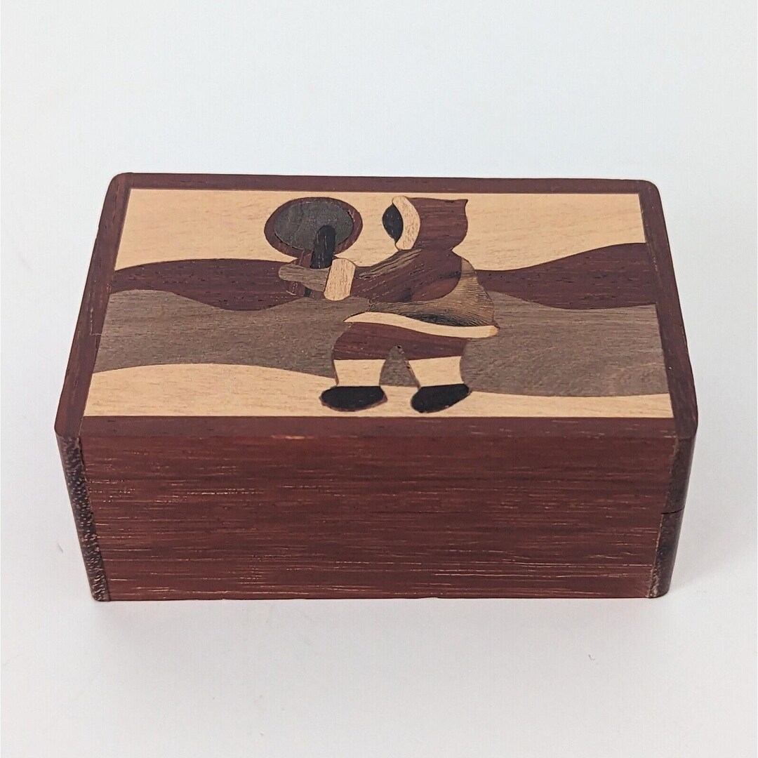 Handmade Wood Inlay Trinket Jewelry Box Storrs Canada Eskimo Playing ...