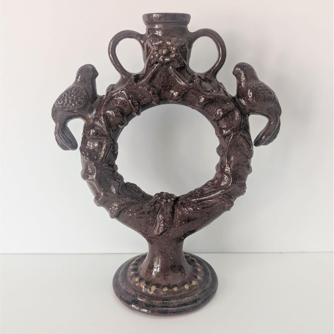 Vintage Foltz Redware Pottery Candle Holder Vase Birds Folk Art - Etsy