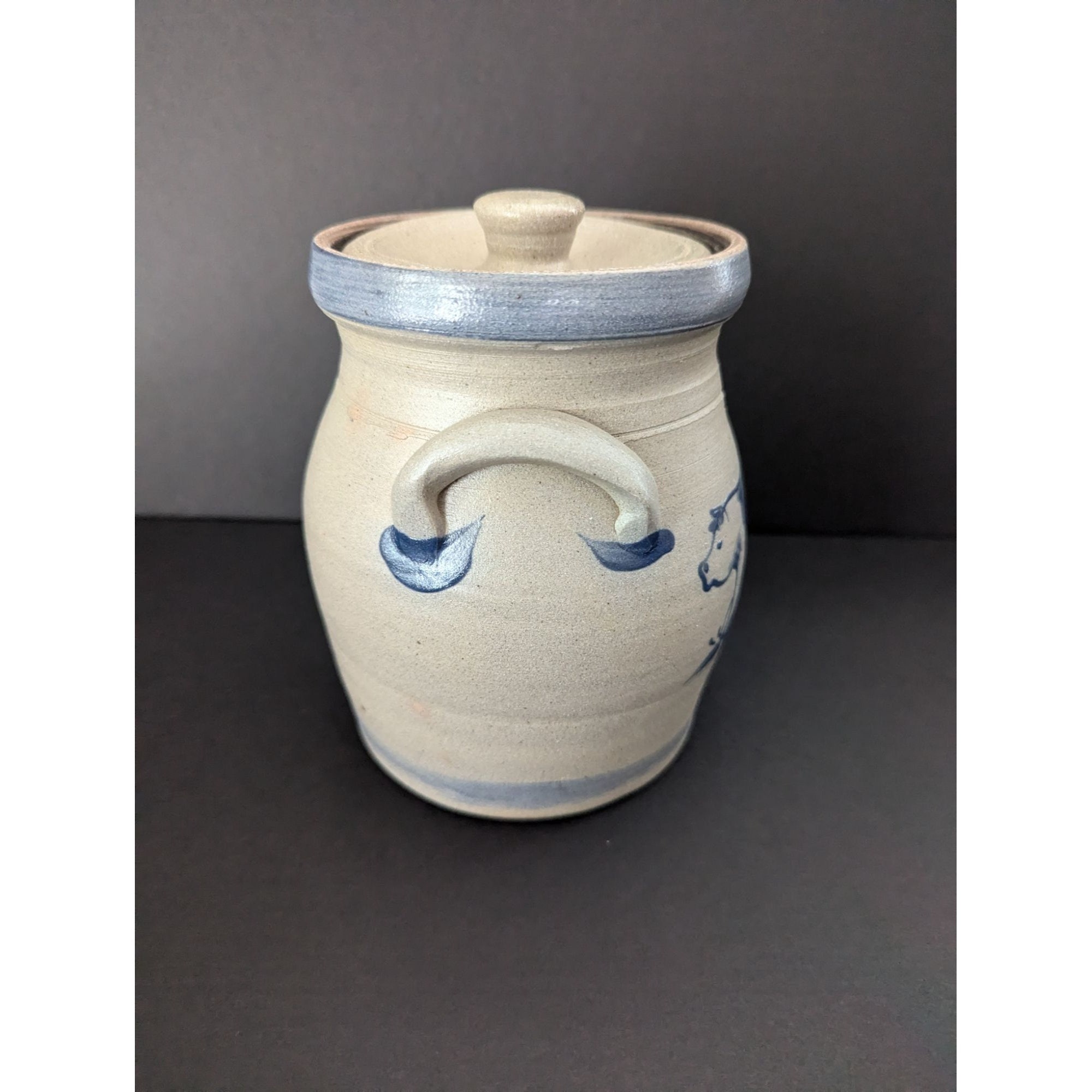 Rowe Pottery Works 1992 Stoneware Crock With Lid & Handles Pig 6.5 High ...