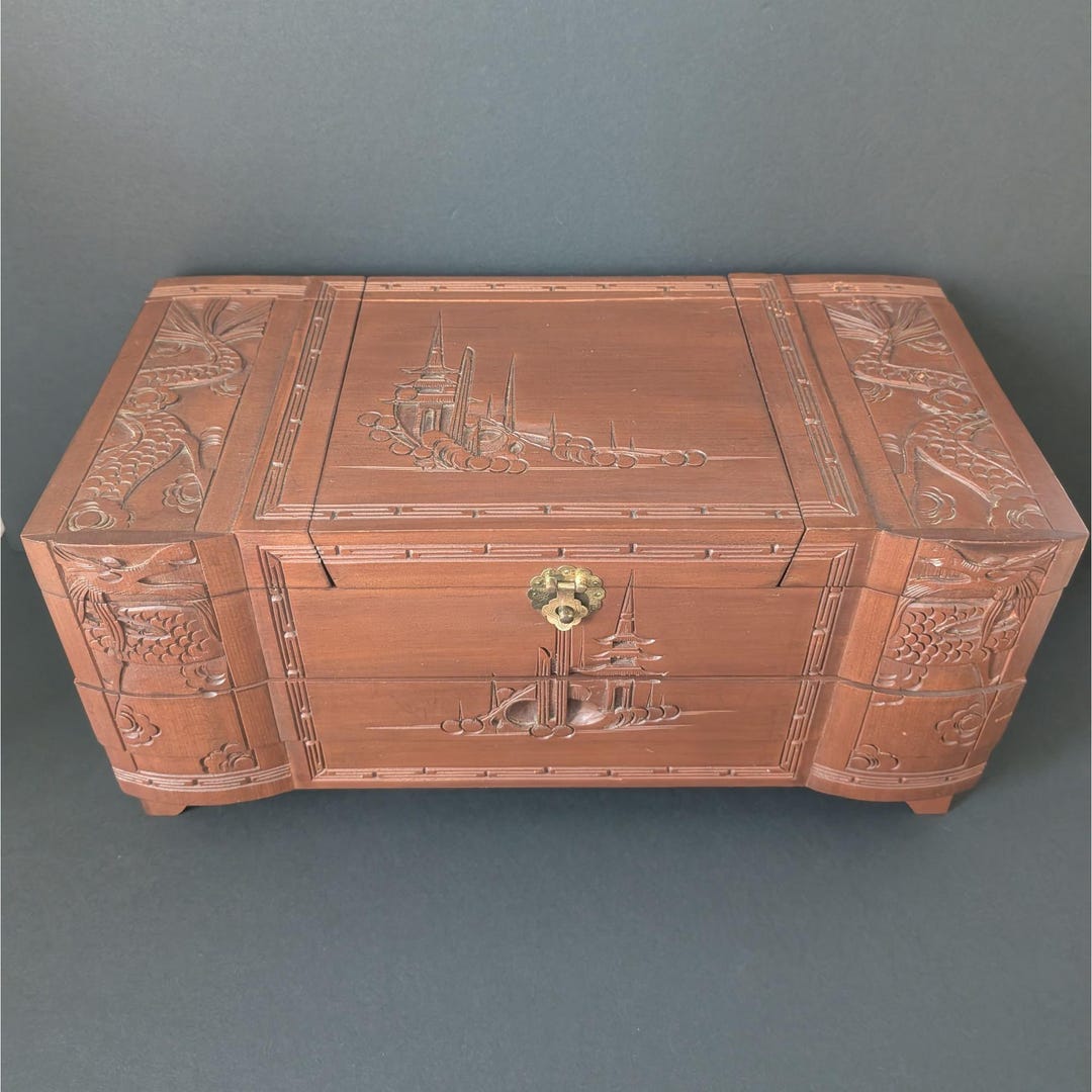 Vintage Asian Inspired Carved Wooden Jewelry Box With Hinged Lid ...