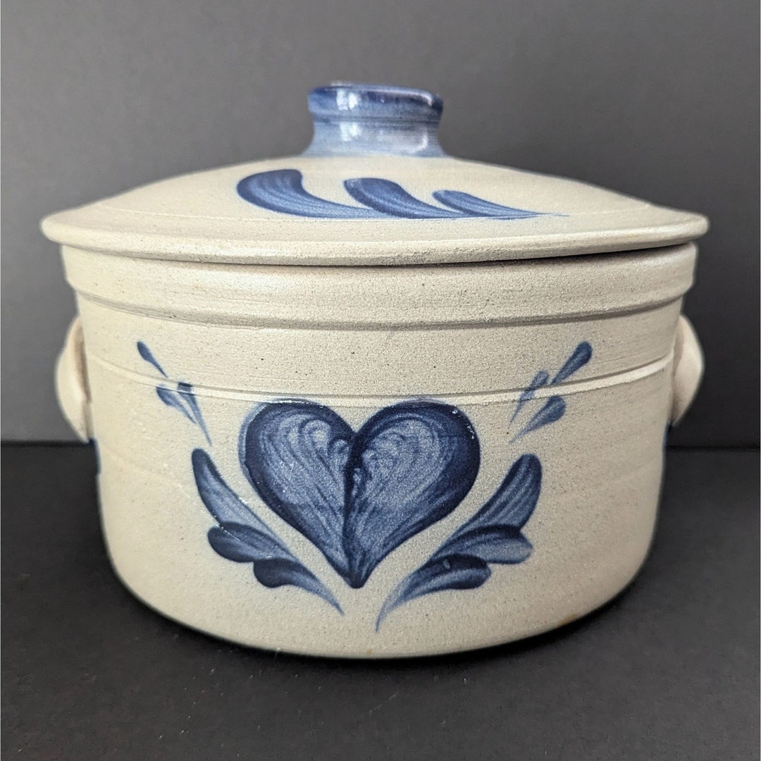 Vintage Rowe Pottery Works Stoneware Crock With Lid Heart Design Dated ...