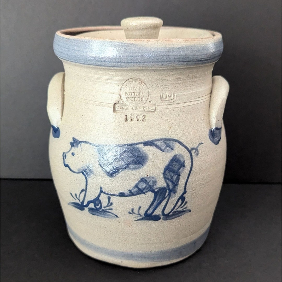 Rowe Pottery Works 1992 Stoneware Crock With Lid & Handles Pig 6.5 ...