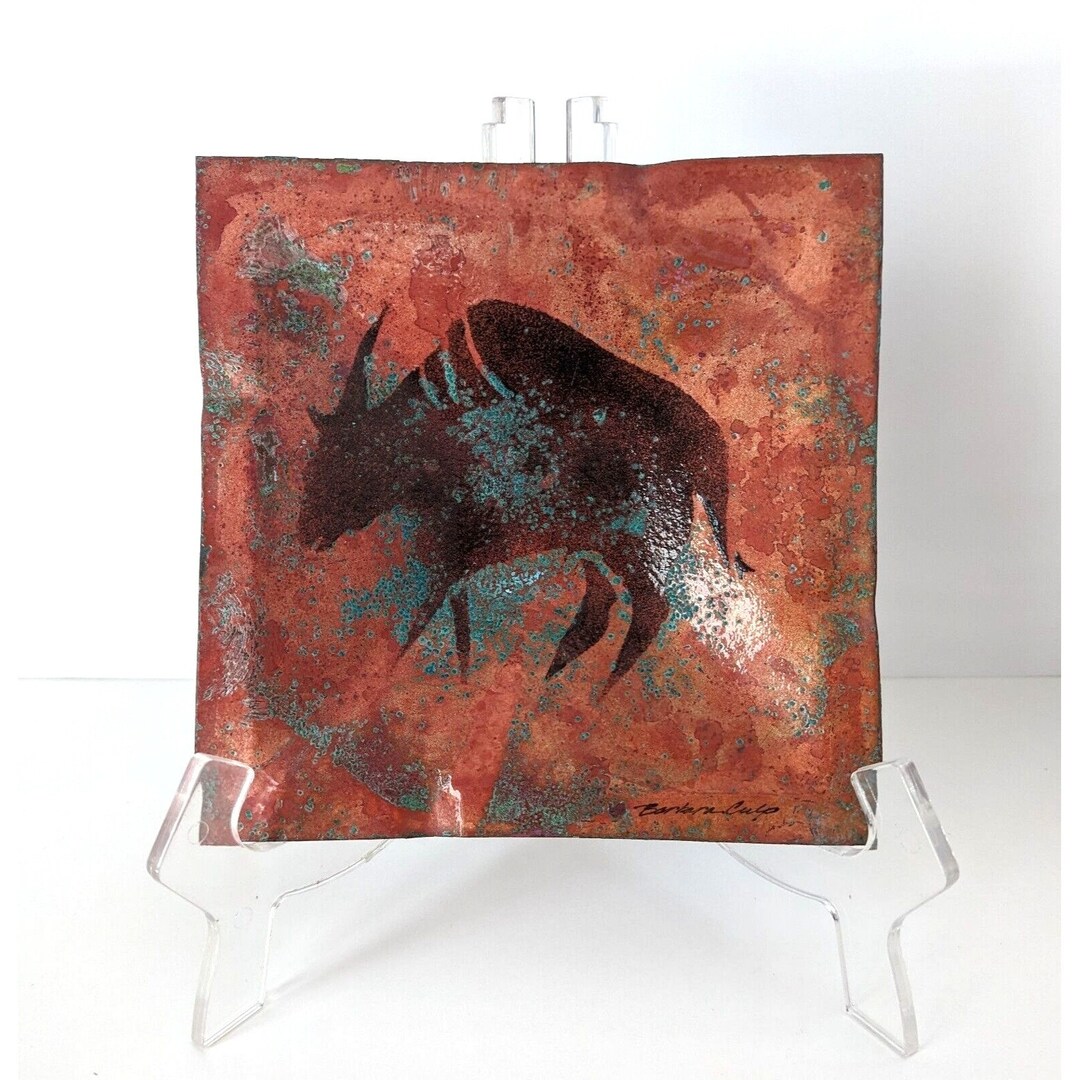 Barbara Culp Signed Enamel on Copper Bull Bison Ashtray MCM Southwest ...