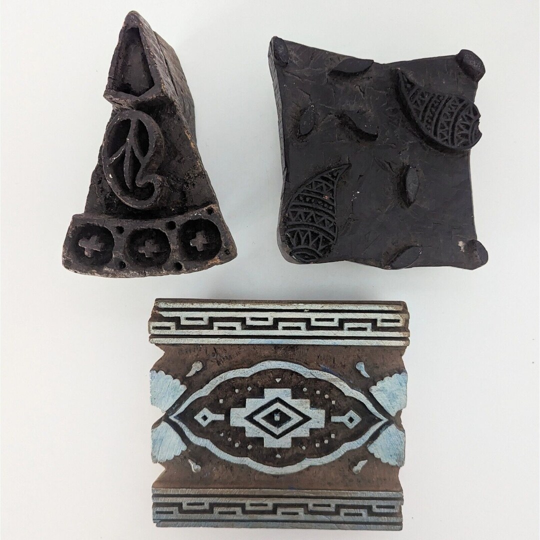 Set of 3 VTG Hand Carved Indian Wood Blocks Textiles Batik Fabric Print ...