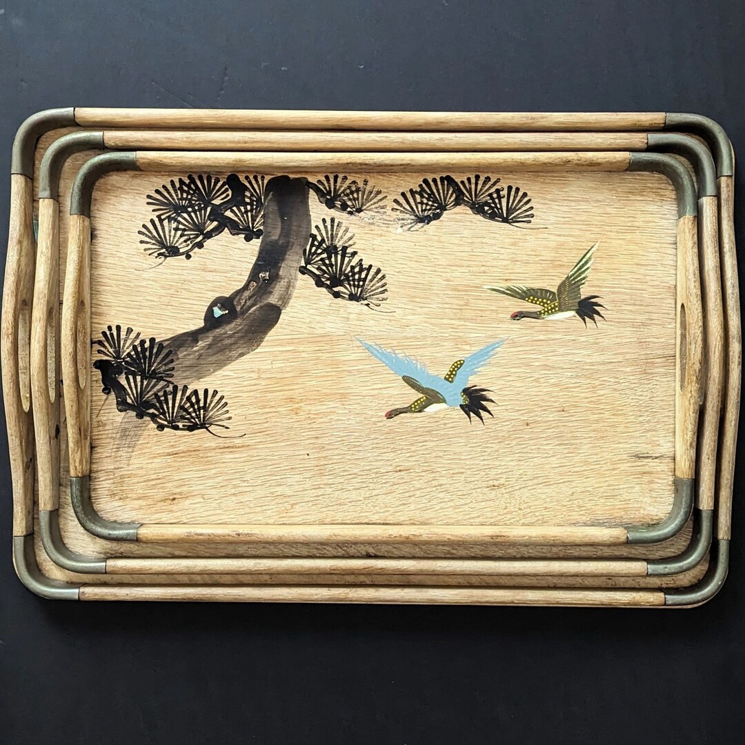 Set of 3 Vintage Nesting Trays Made in Japan Asian Scene Cranes ...