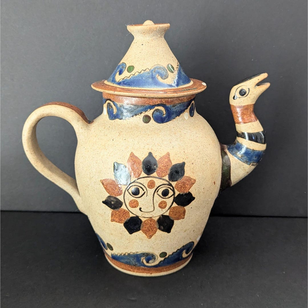 Vintage Jose Bernabe Mexican Tonala Pottery Teapot Sun Face & Bird ...