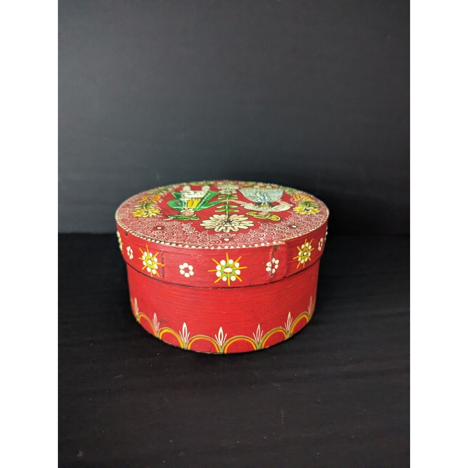 VTG Hand Painted German Wood Band Box Bride & Groom Volkskunst Wallach ...