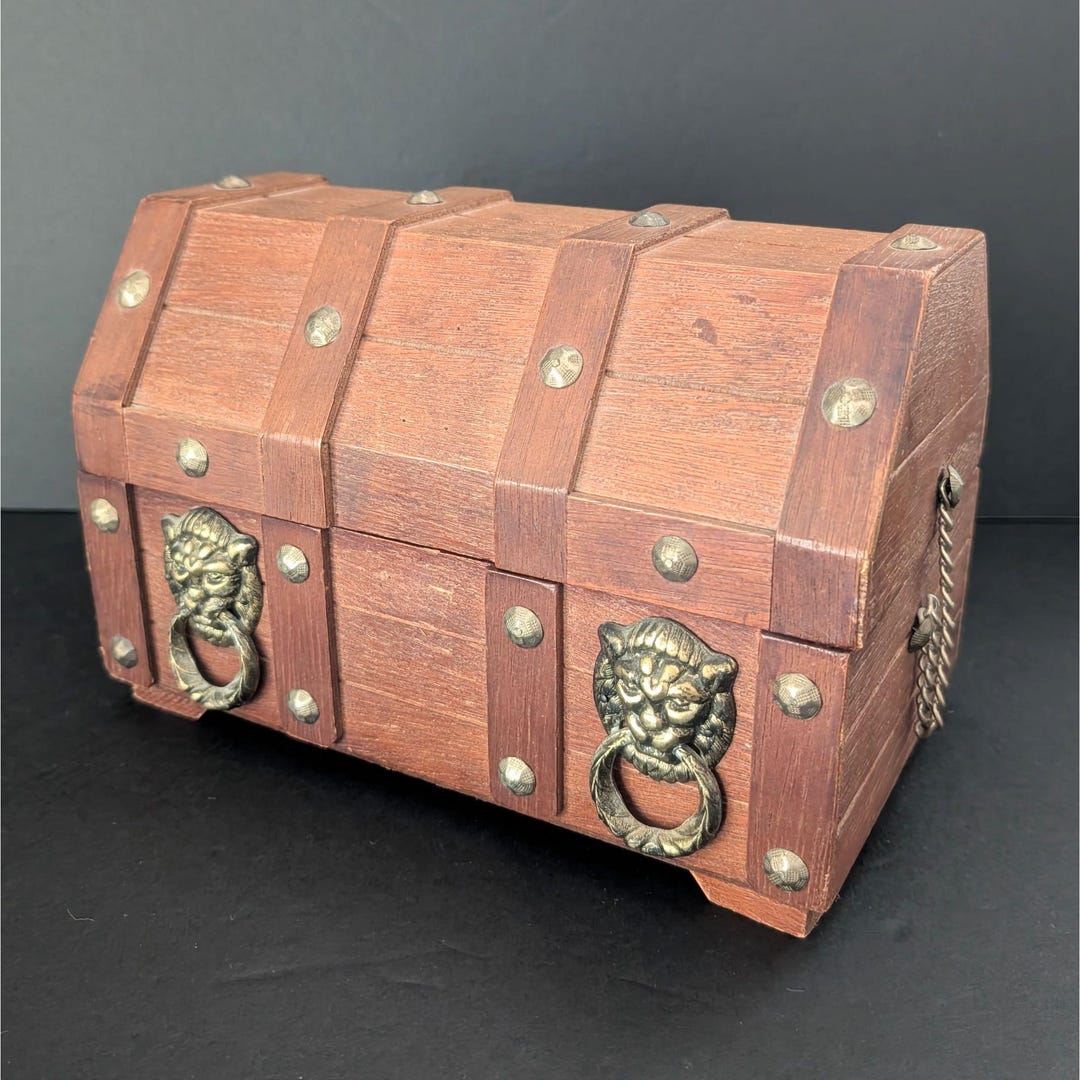 VTG Wooden Treasure Chest Jewelry Box Lion Head Handles & Red Velvet ...