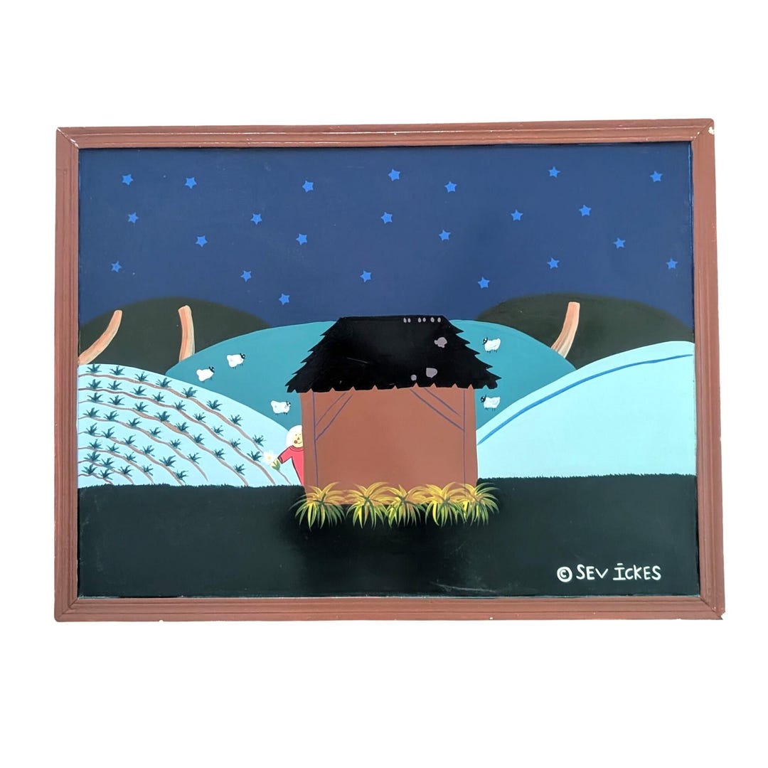 Sev Ickes Original Folk Art Painting Acrylic on Board Field at Night - Etsy